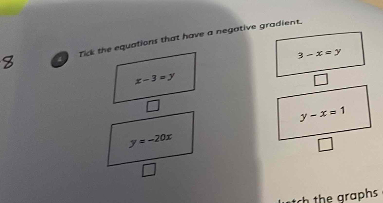 Solved: Tick the equations that have a negative gradient. 3-x=y x-3=y y ...