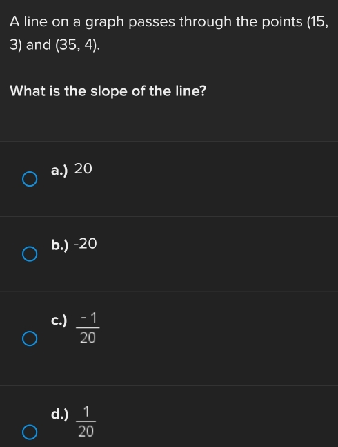 Solved: A line on a graph passes through the points (15, 3) and (35,4). What is the slope of the ...
