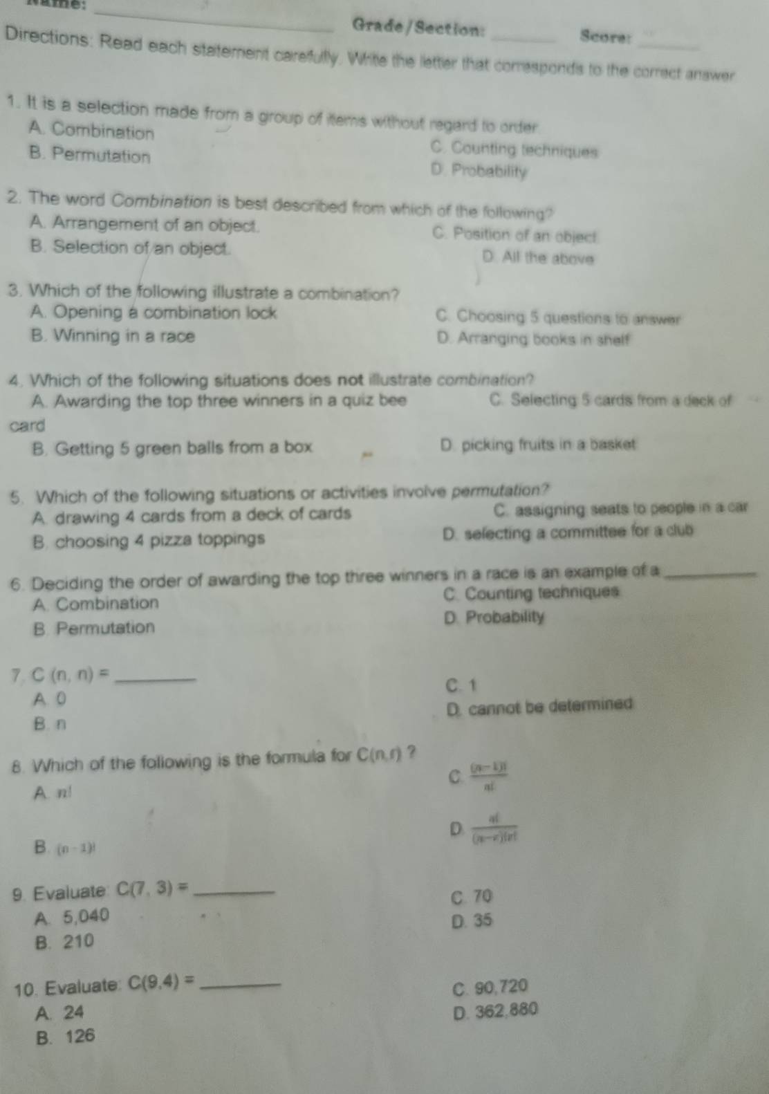 Solved: Grade/Section: Score: Directions: Read each statement ...
