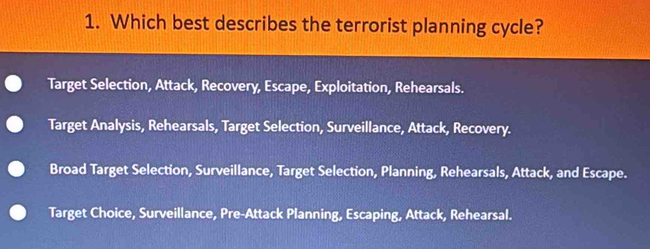 Solved: Which best describes the terrorist planning cycle? Target ...