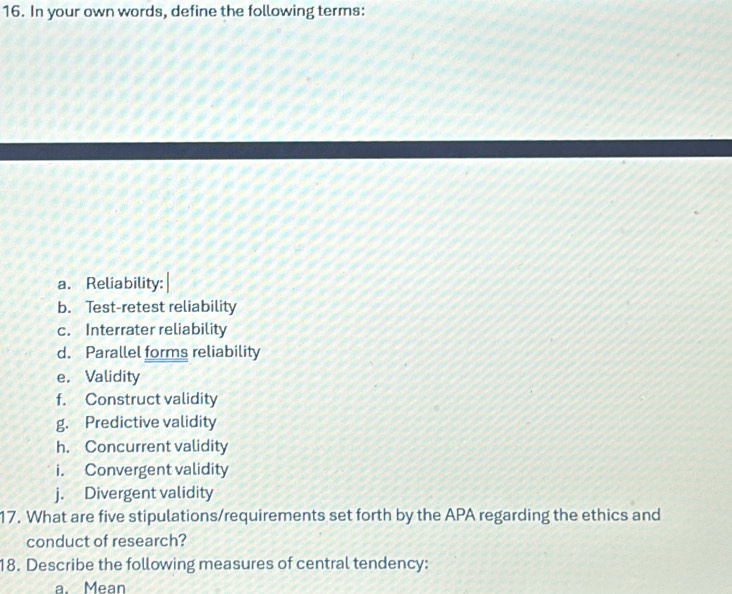 Solved: In your own words, define the following terms: a. Reliability ...