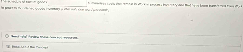 Solved: The schedule of cost of goods summarizes costs that remain in ...