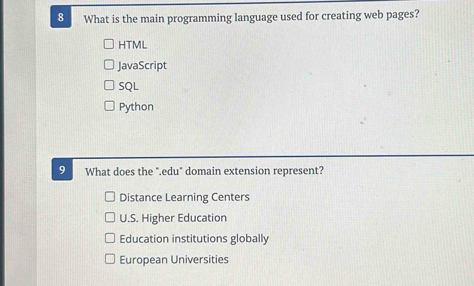 Solved: What is the main programming language used for creating web pages? HTML JavaScript SQL ...