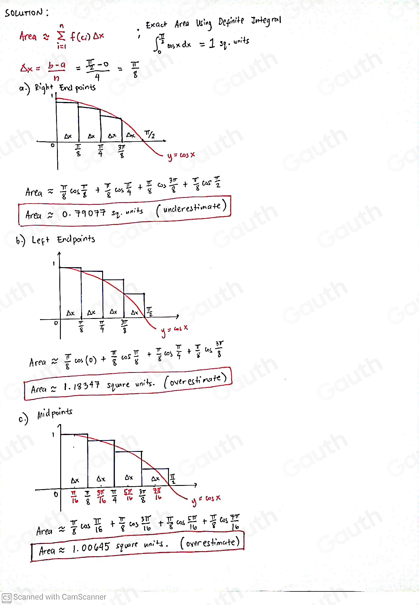 Solved: Estimate the area under the graph of f(x)=cos x from x=0 to x=π ...