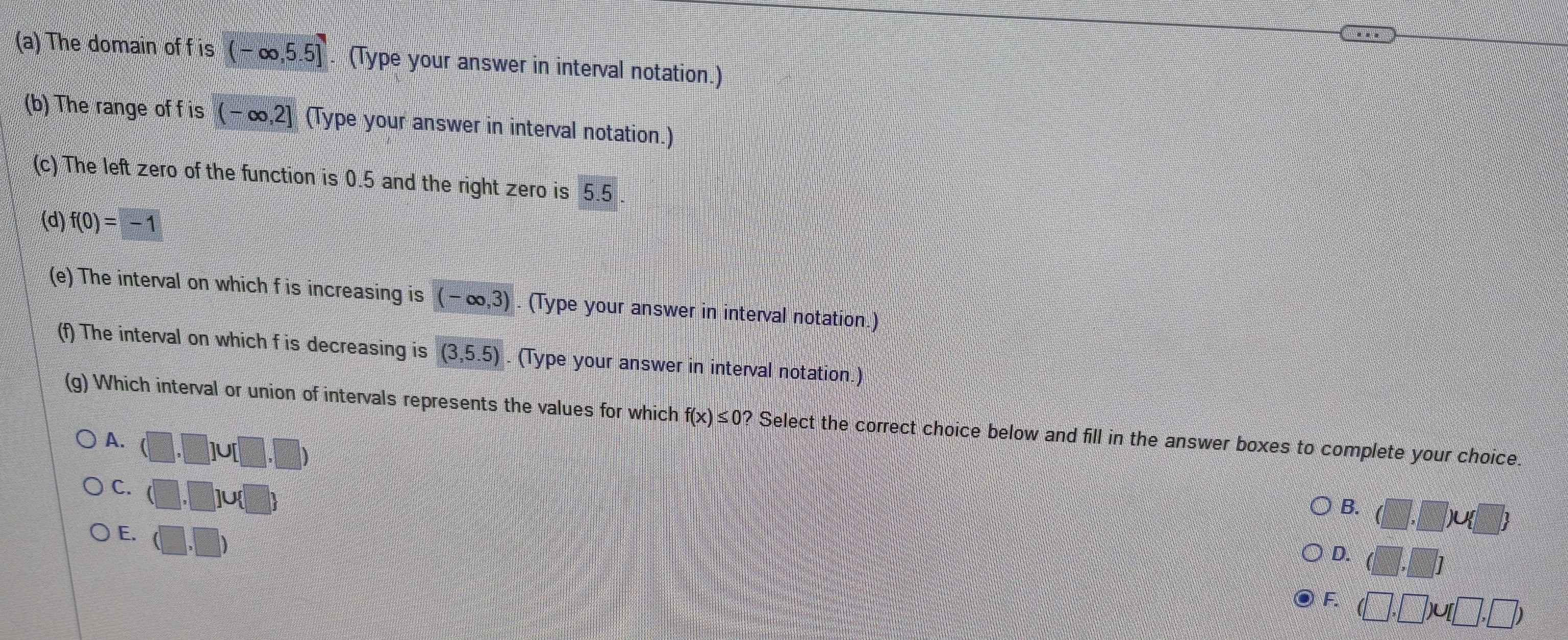 Solved: The domain of f is (-∈fty ,5.5] (Type your answer in interval ...
