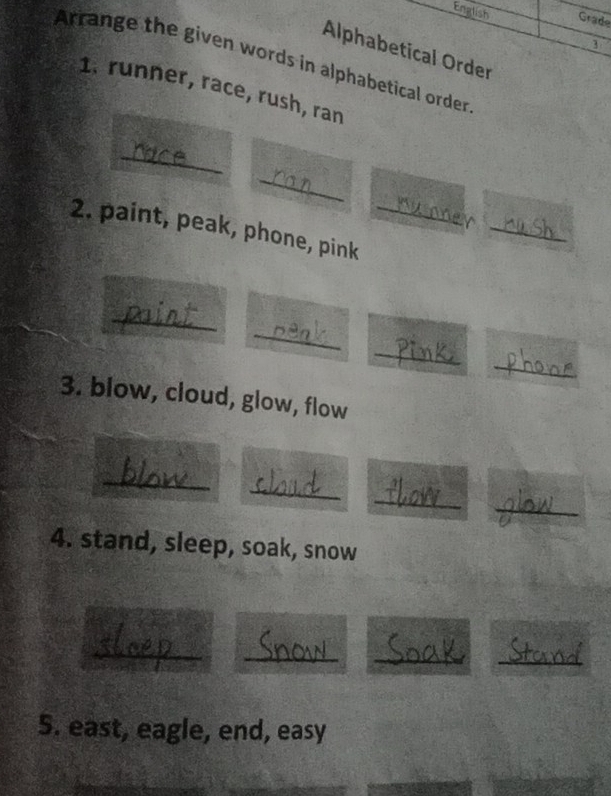 Solved: English Grade a Alphabetical Order Arrange the given words in ...