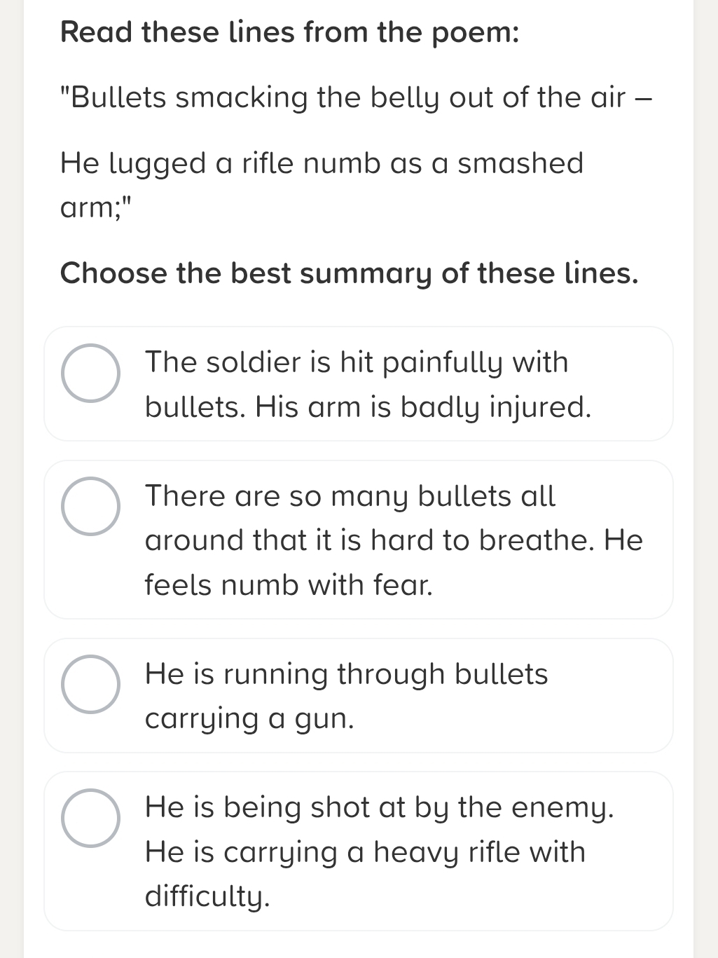 Solved: Read these lines from the poem: "Bullets smacking the belly out ...