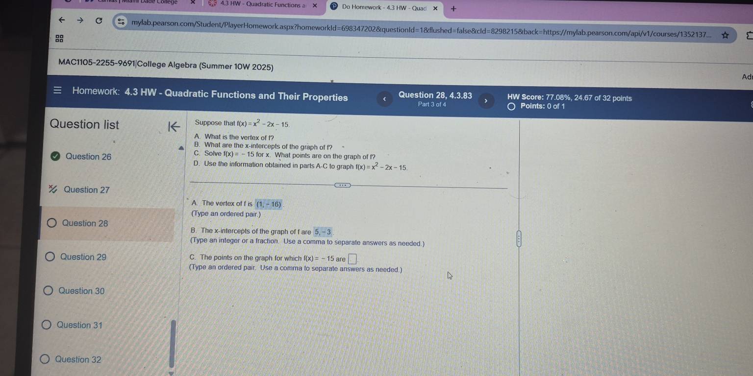 Solved: 4.3 HW - Quadratic Functions Do Homework - 4.3 HW - Quad mylab ...