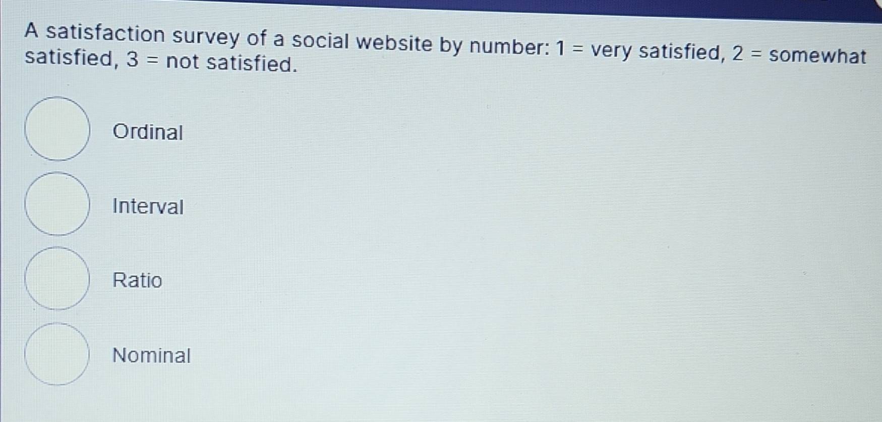 Solved: A satisfaction survey of a social website by number: 1= very ...
