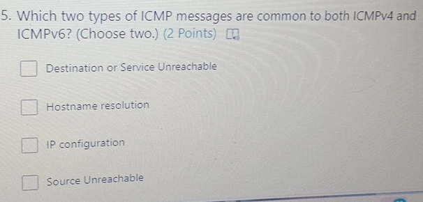 Solved: Which two types of ICMP messages are common to both ICMPv4 and ICMPv6? (Choose two.) (2 ...