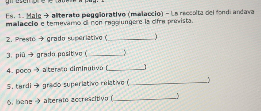 Risolto:gil esempi é le tabelle à pag. I Es. 1. Male → alterato ...