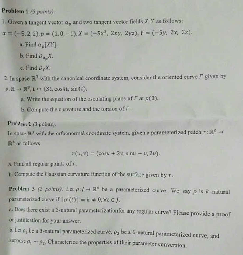 Giải quyết:Problem 1 (5 points). 1. Given a tangent vector alpha _p and ...