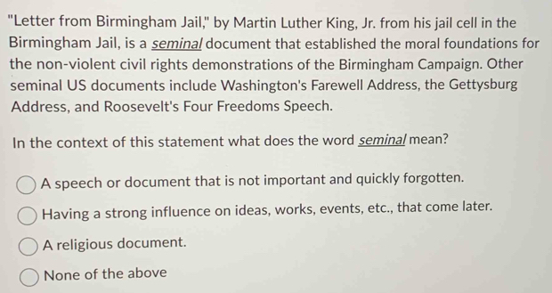 Solved: "Letter from Birmingham Jail," by Martin Luther King, Jr. from ...