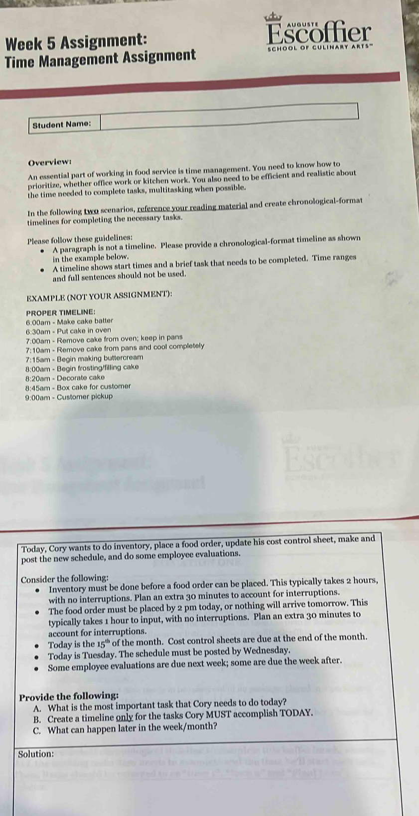 Solved: Week 5 Assignment: Escöffier Time Management Assignment SCHOOL ...