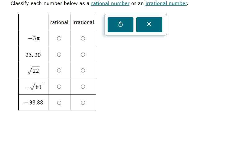 Solved: Classify each number below as a rational number or an ...
