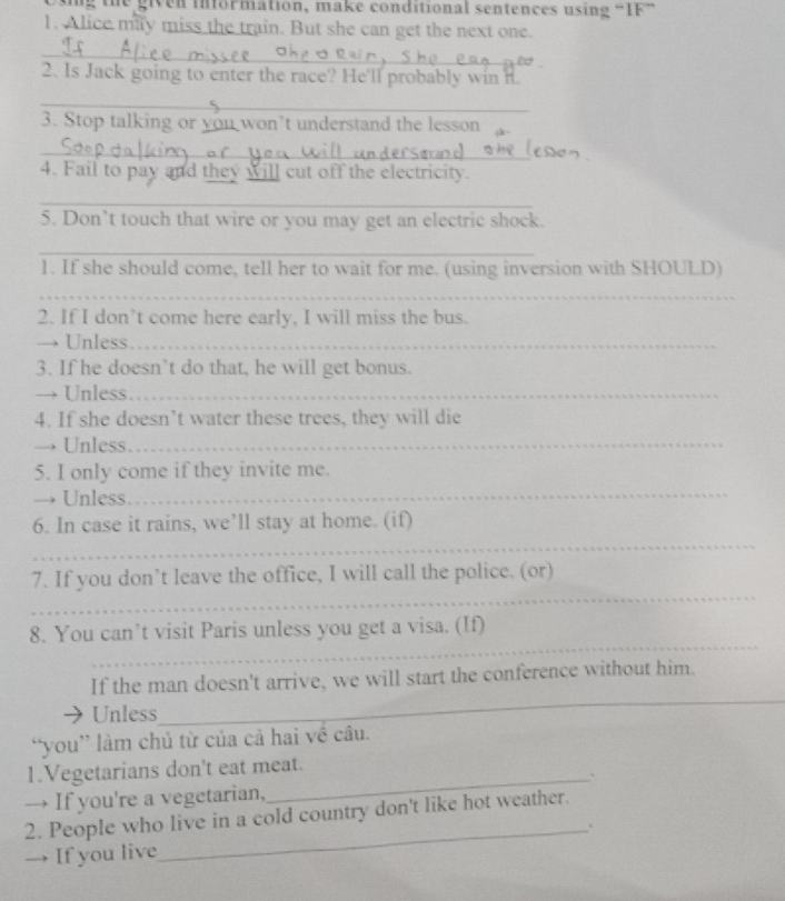Giải quyết:ing the given information, make conditional sentences using ...