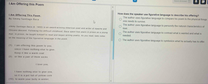 Solved: Save Answer * I Am Offering this Poem How does the speaker use ...