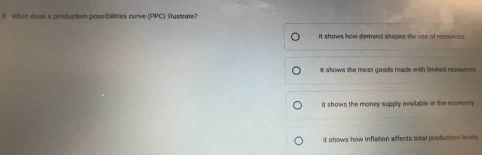 Solved: What does a production possibilities curve (PPC) illustrate? it ...