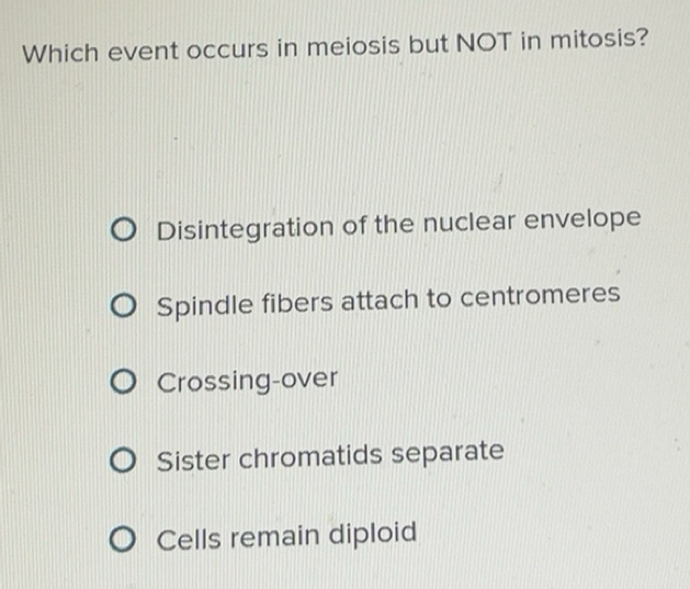 Solved: Which event occurs in meiosis but NOT in mitosis ...