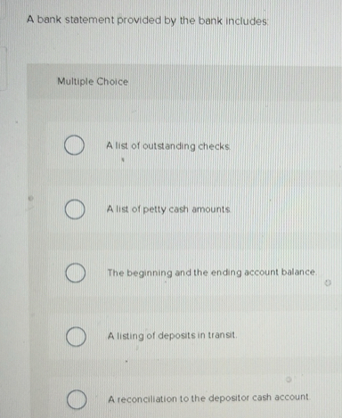 Solved: A bank statement provided by the bank includes: Multiple Choice ...