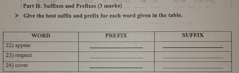 Solved: Suffixes and Prefixes (3 marks) Give the best suffix and prefix for each word given in ...