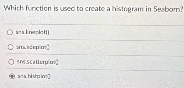 Solved: Which function is used to create a histogram in Seaborn? sns ...
