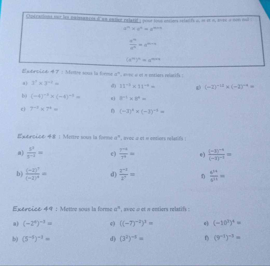 Résolu :Opérations sur les puissances d'un entier relatif : pour tous ...