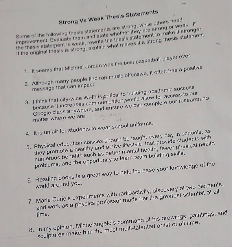 Solved: Strong Vs Weak Thesis Statements Some of the following thesis ...