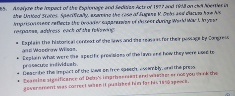 Solved: Analyze the impact of the Espionage and Sedition Acts of 1917 ...