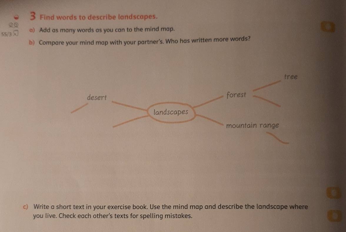 Gelöst:Find words to describe landscapes. 55/3× a) Add as many words as ...