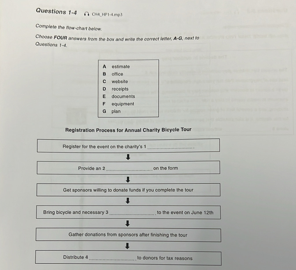Giải quyết:CH4_HP1-4.mp3 Complete the flow-chart below. Choose FOUR ...
