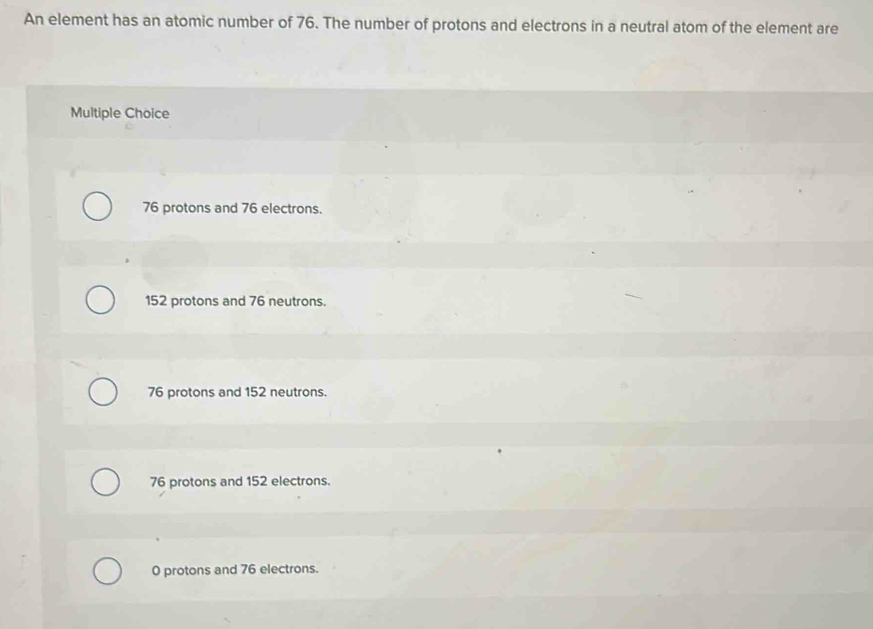 Solved: An element has an atomic number of 76. The number of protons ...