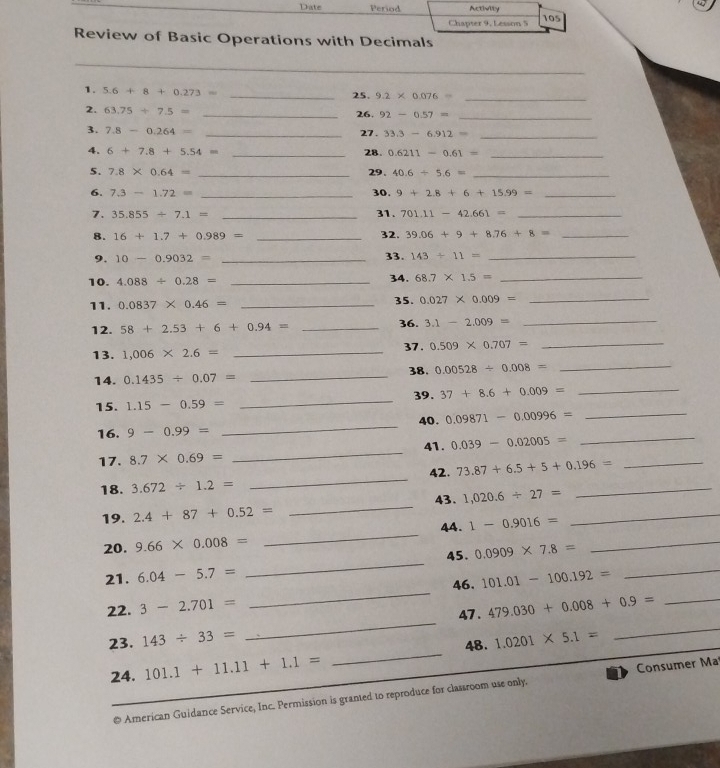 Solved: Drate Period Activity 105 Chapter 9, Lesson 5 Review of Basic ...