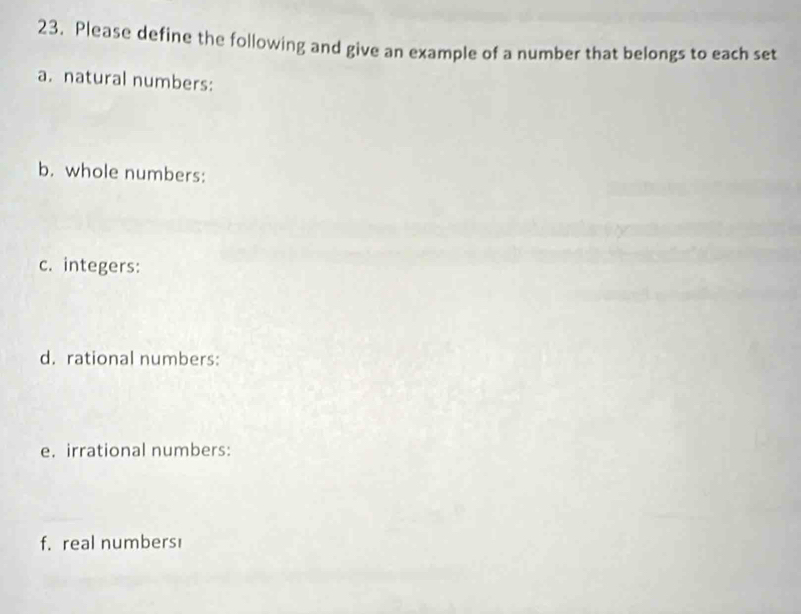 Solved: Please define the following and give an example of a number that belongs to each set a ...
