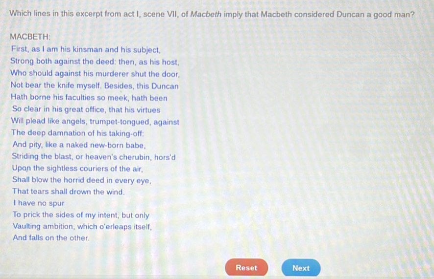 Solved: Which lines in this excerpt from act I, scene VII, of Macbeth ...