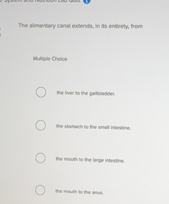 Solved: The alimentary canal extends, in its entirety, from Multiple ...