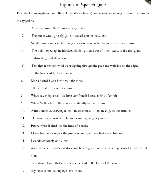Solved: Figures of Speech Quiz Read the following items carefully and ...