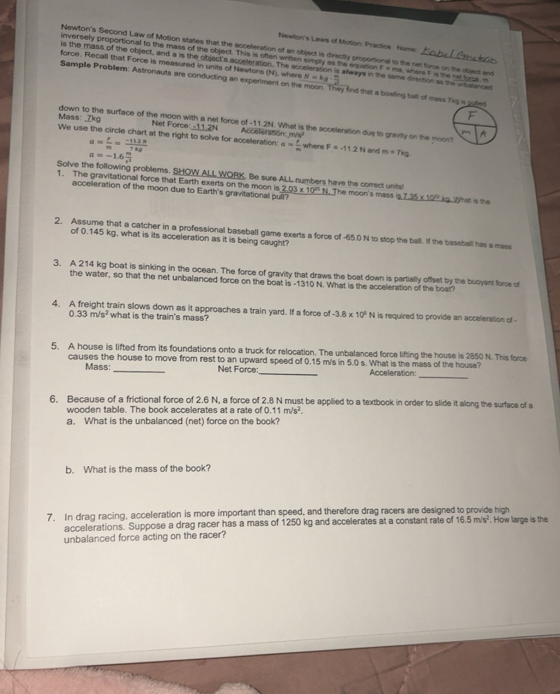 Solved: Newton's Laws of Motion: Practice Name: Newton's Second Law of ...