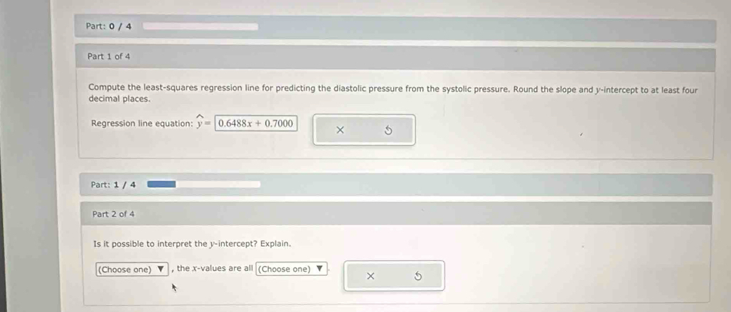 Solved: 0 / 4 Part 1 of 4 Compute the least-squares regression line for ...