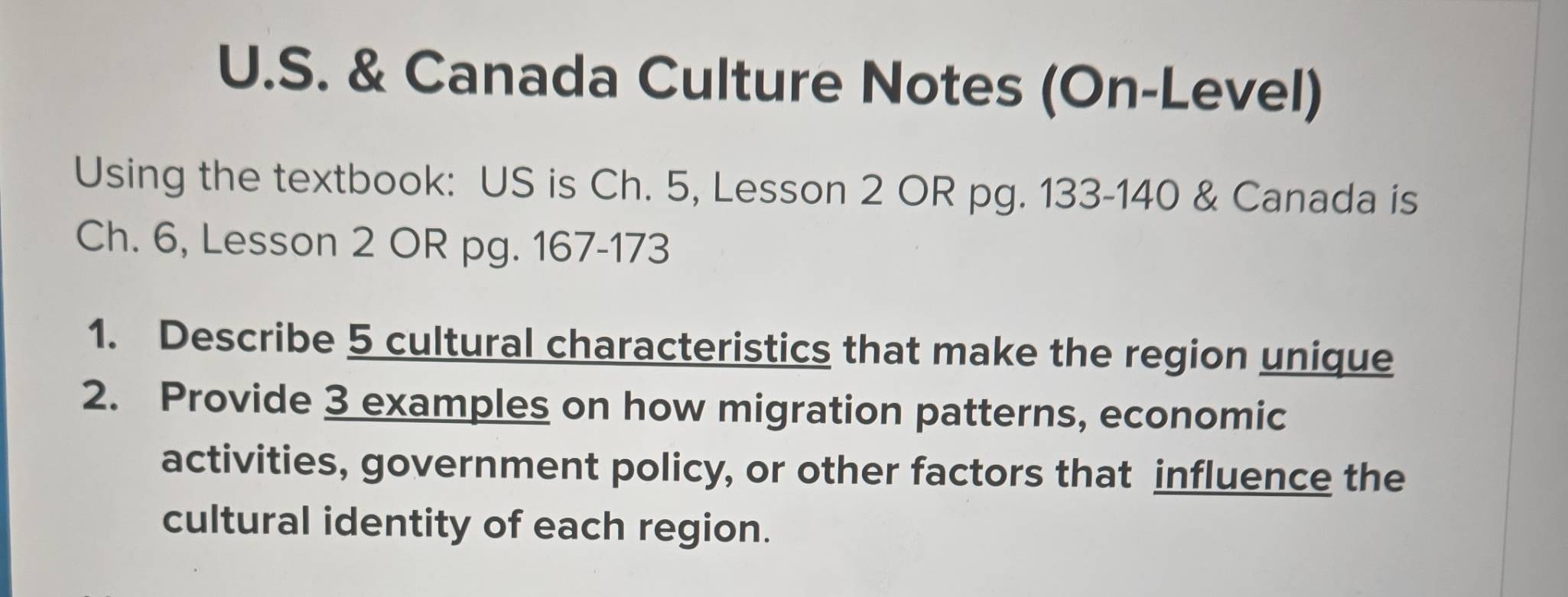 Solved: Canada Culture Notes (On-Level) Using the textbook: US is Ch. 5 ...
