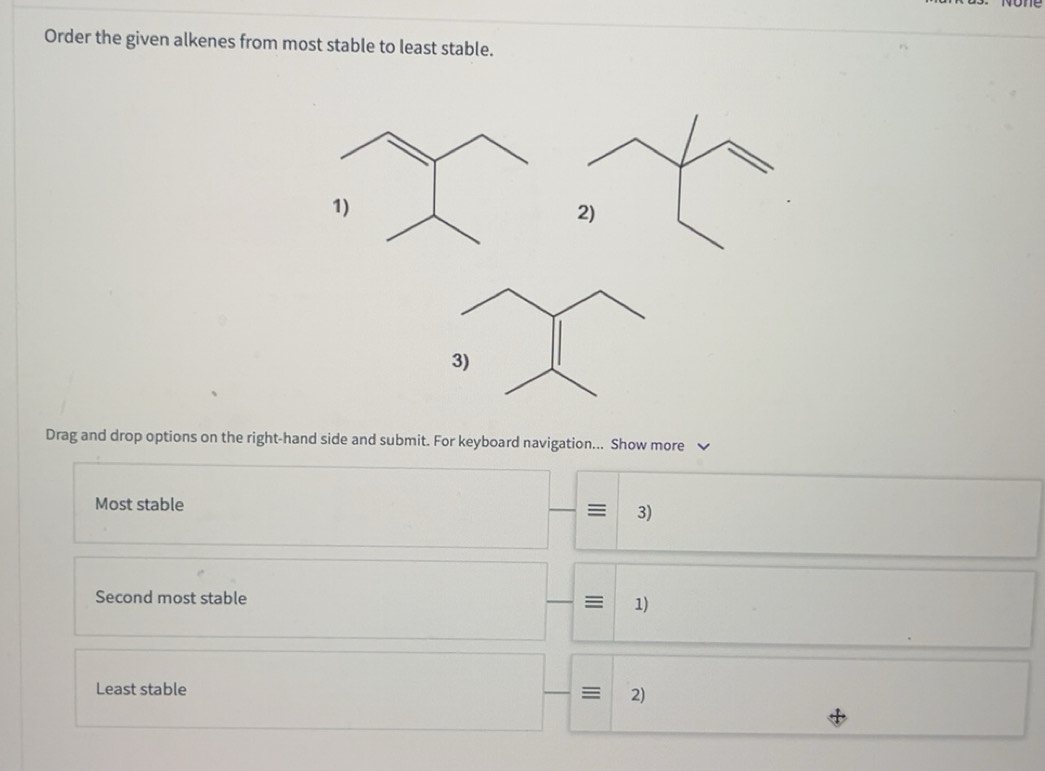Solved: Order the given alkenes from most stable to least stable. Drag ...