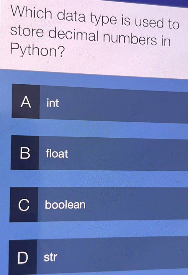 Solved: Which data type is used to store decimal numbers in Python? A ...
