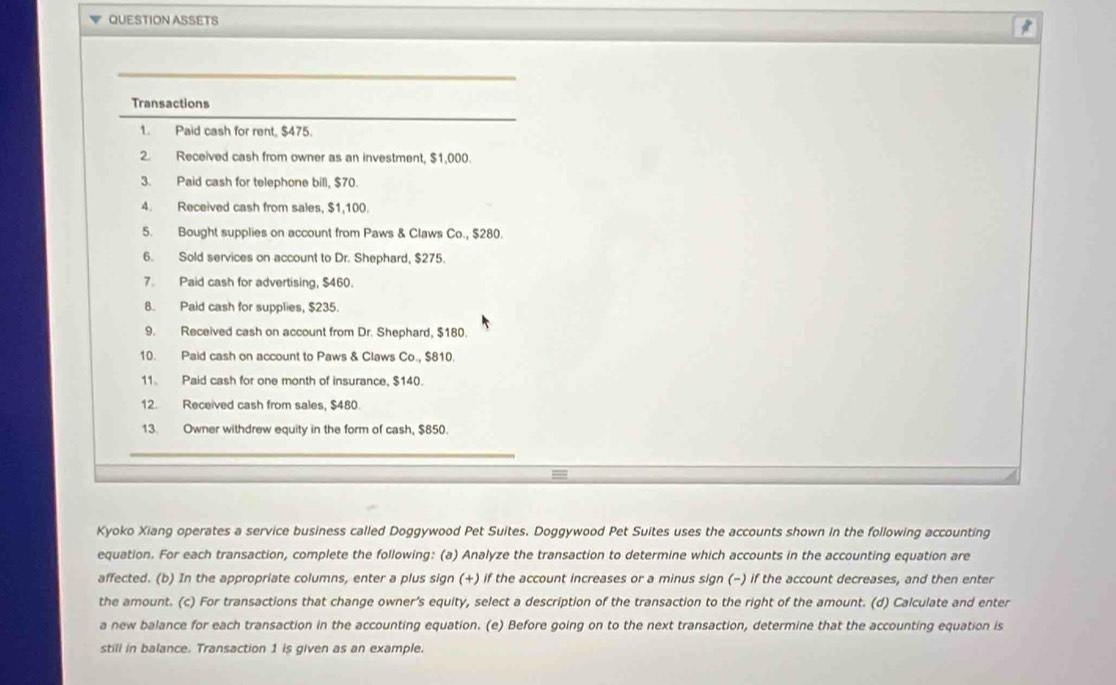 Solved: QUESTION ASSETS * Transactions 1. Paid cash for rent, $475. 2 ...