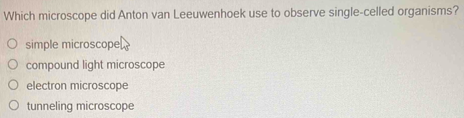 Solved: Which microscope did Anton van Leeuwenhoek use to observe single-celled organisms ...