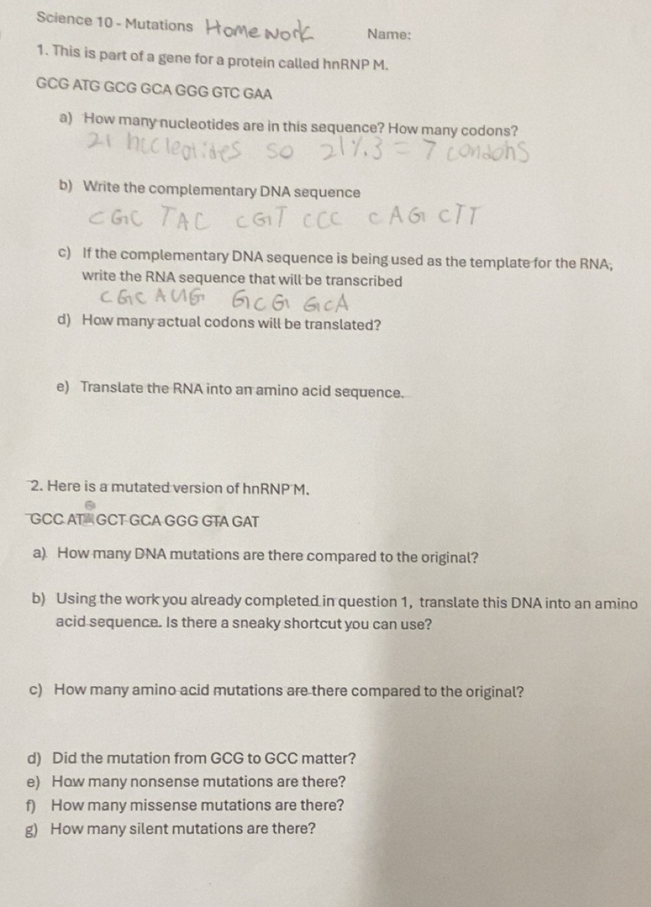 Solved: Science 10 - Mutations Name: 1. This is part of a gene for a ...