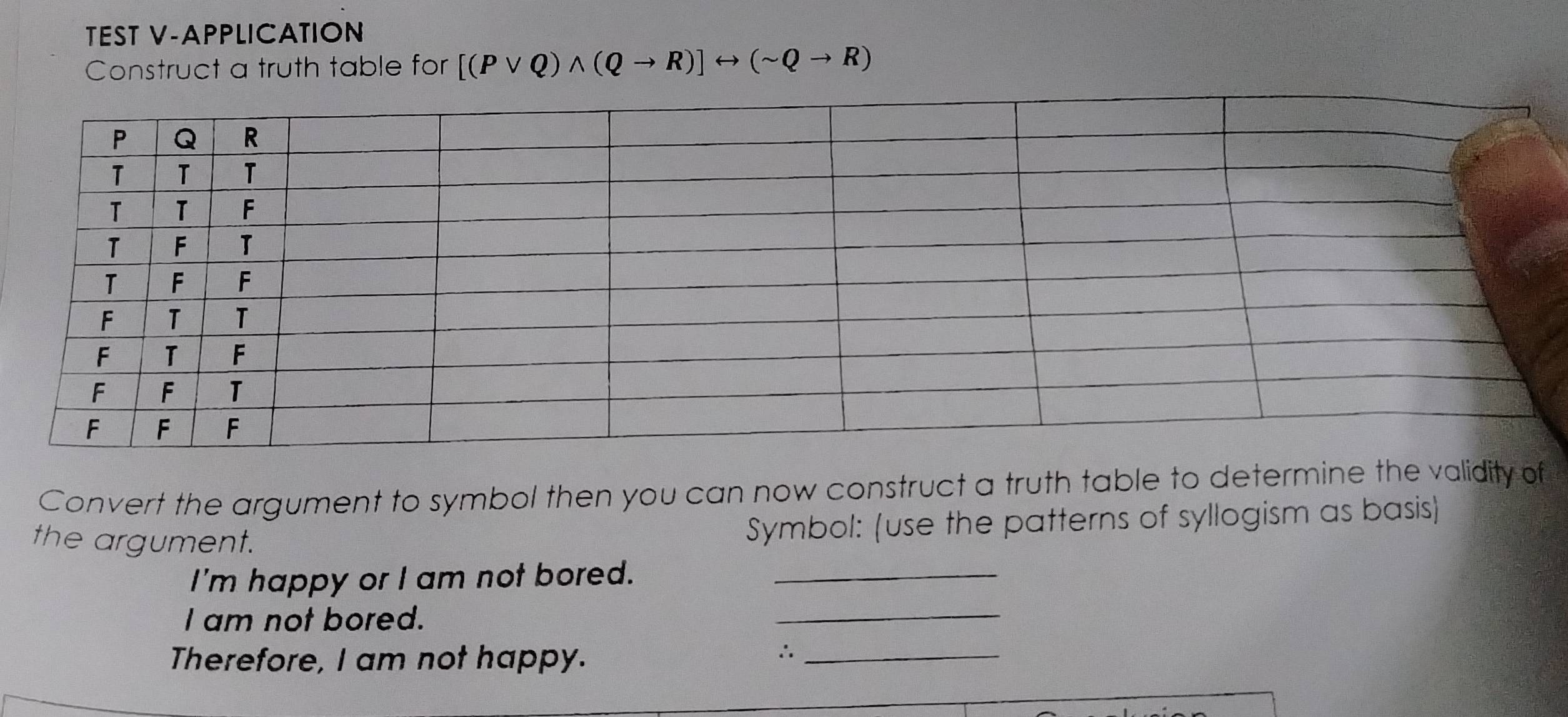 Solved: TEST V-APPLICATION Construct a truth table for [(Pvee Q)wedge ...