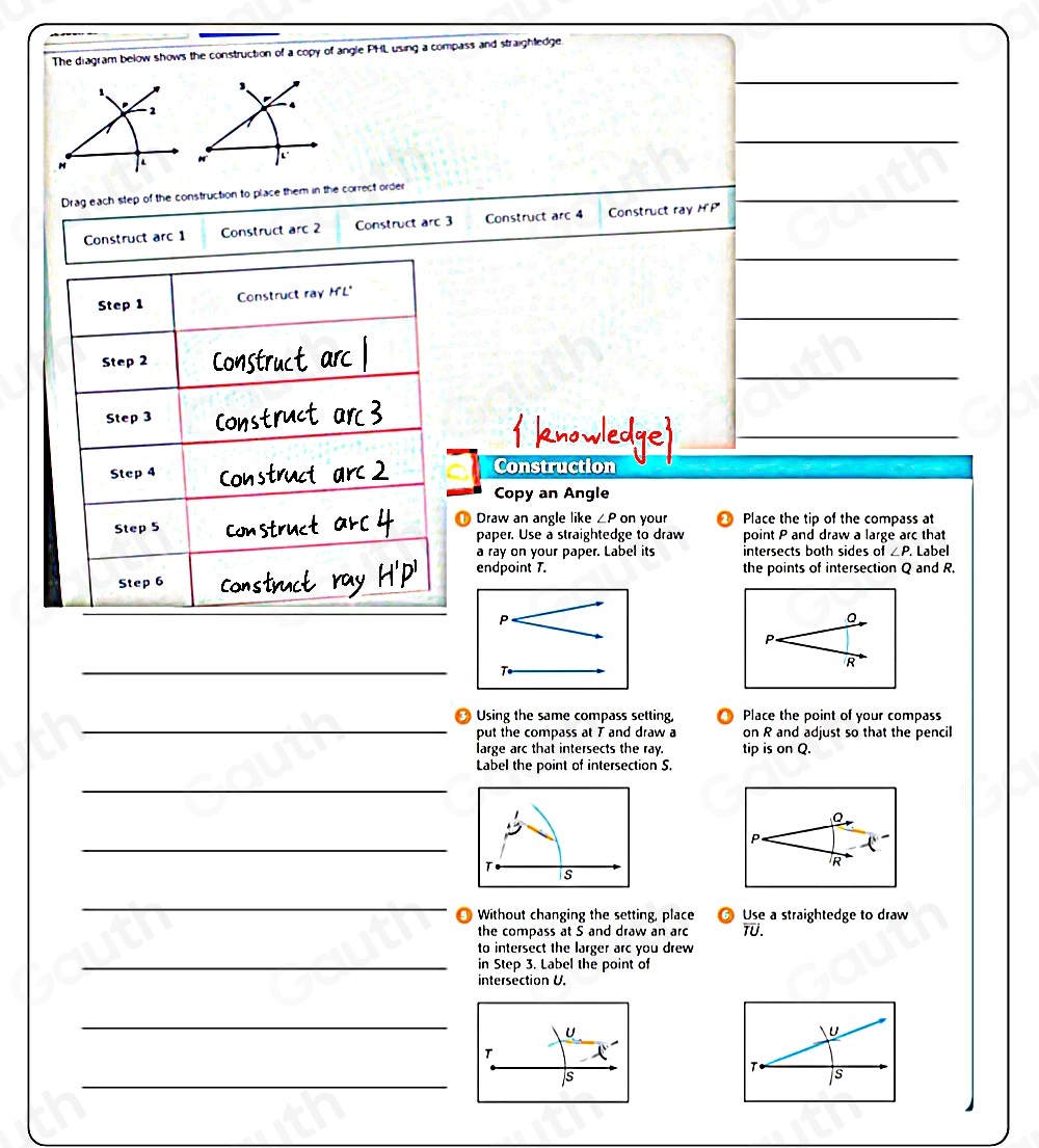 Solved: The diagram below shows the construction of a copy of angle PHL using a compass and ...