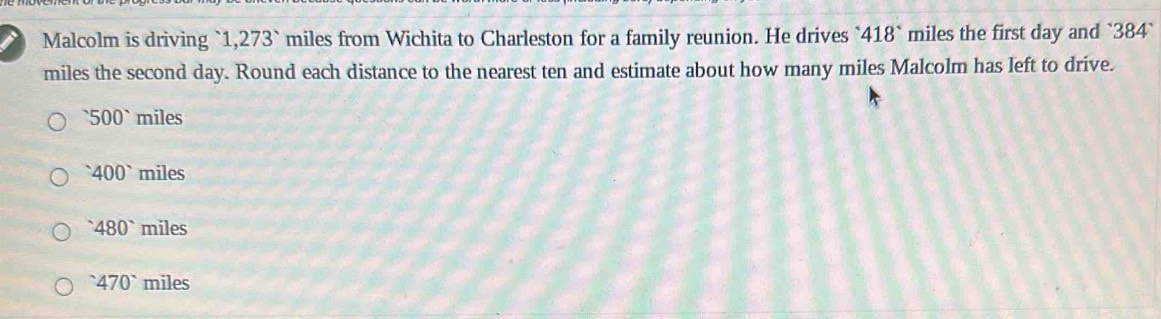 Solved: Malcolm is driving ` 1,273` miles from Wichita to Charleston ...