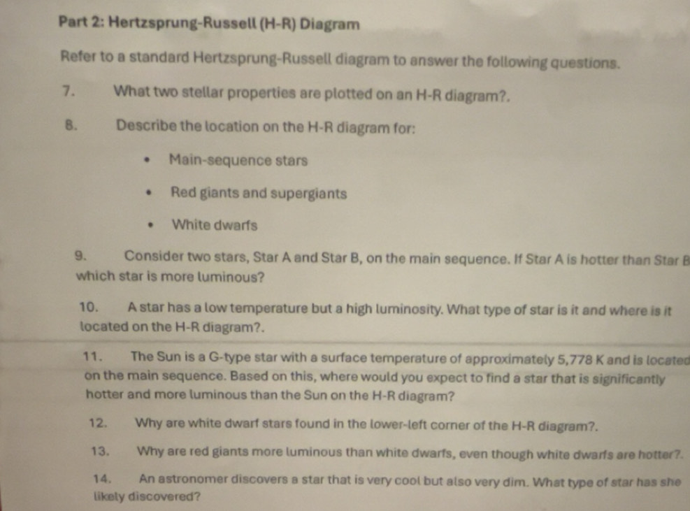 Solved: Hertzsprung-Russell (H-R) Diagram Refer to a standard ...