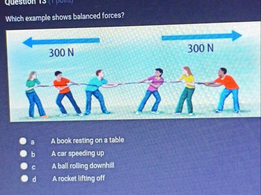 Solved: (1 o i Which example shows balanced forces? a A book resting on ...